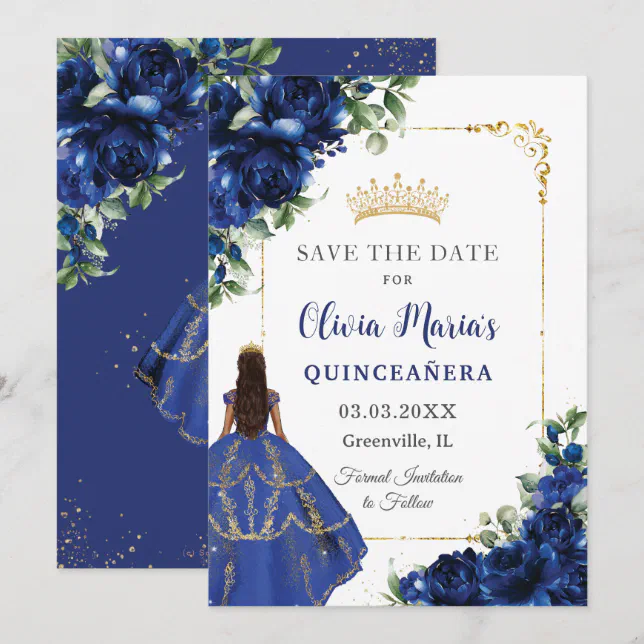 Elegant Royal Blue Flowers Princess Quinceañera Save The Date | Zazzle