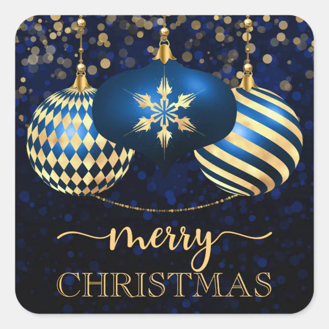 Elegant Royal Blue & Gold Baubles Merry Christmas Square Sticker | Zazzle
