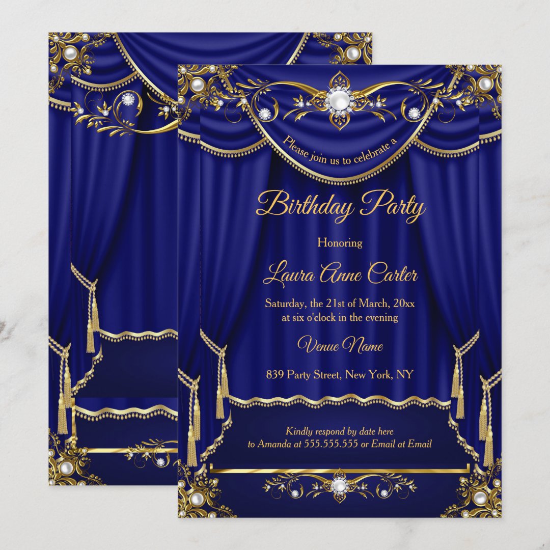 Elegant Royal Blue Gold Pearl Drapes party Invitation | Zazzle