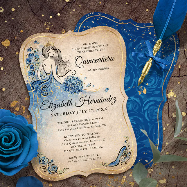 Elegant Royal Blue Gold Princess Quince Birthday Invitation | Zazzle