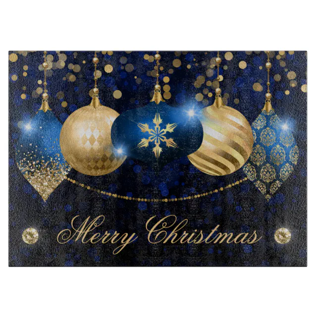 Elegant Royal Blue & Gold Winter Baubles Christmas Cutting Board | Zazzle