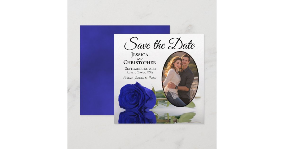 Elegant Royal Blue Rose with Oval Photo Wedding Save The Date | Zazzle