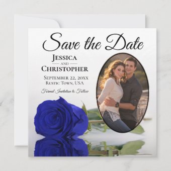 Elegant Royal Blue Rose with Oval Photo Wedding Save The Date | Zazzle