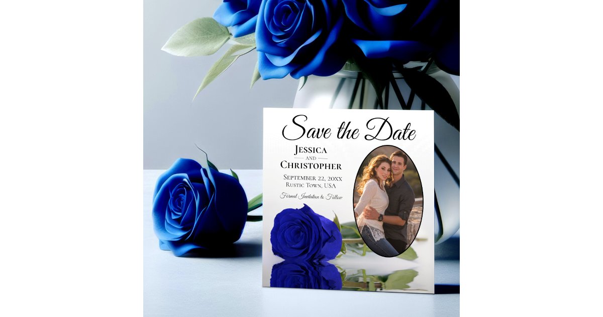 Elegant Royal Blue Rose with Oval Photo Wedding Save The Date | Zazzle