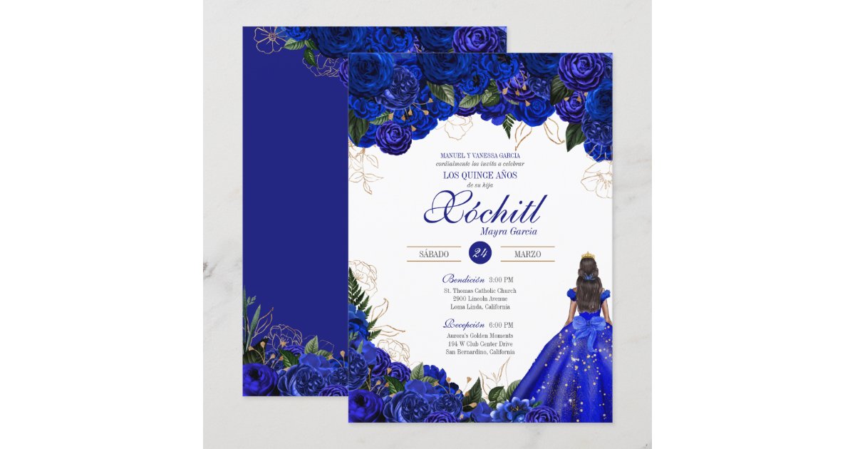 Elegant Royal Blue Roses Floral Quinceañera Invitation | Zazzle