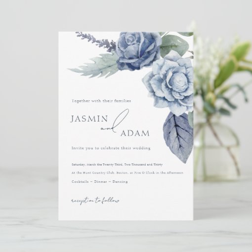Elegant Royal Blue Roses Floral Wedding Invitation | Zazzle