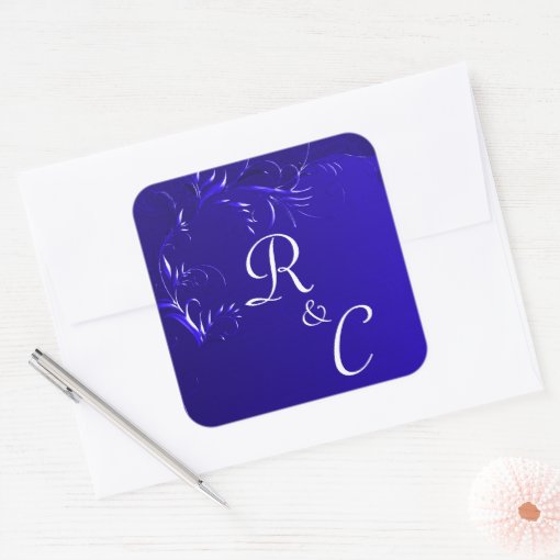 Elegant Royal Blue Wedding Monogrammed Square Sticker | Zazzle