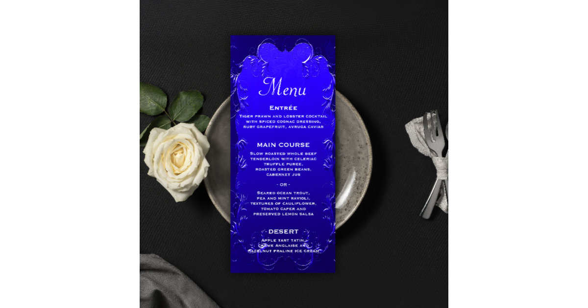 Elegant Royal Blue Wedding Reception Menu | Zazzle