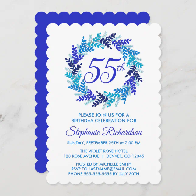 Elegant Royal Blue Wreath 55th Birthday Party Invitation | Zazzle