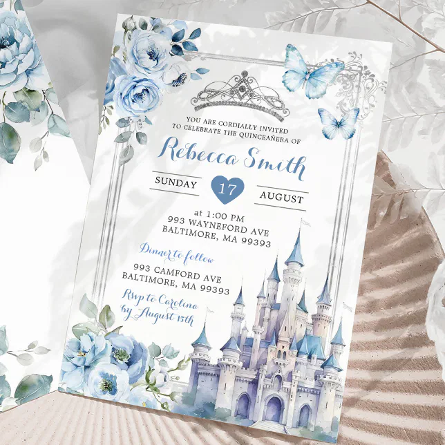 Elegant Royal Castle Silver Dusty Blue Quinceañera Invitation | Zazzle