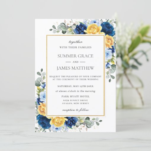 Elegant Royal Dusty Blue Yellow Floral Wedding Invitation | Zazzle