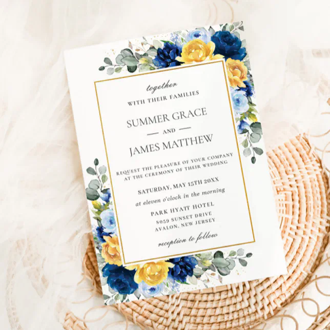 Elegant Royal Dusty Blue Yellow Floral Wedding Invitation | Zazzle