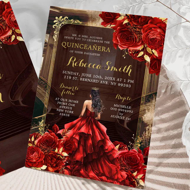 Elegant Royal Palace Bright Red Roses Quinceañera Invitation | Zazzle