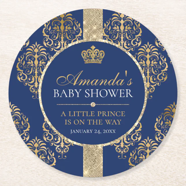 Elegant Royal Prince Baby Shower Round Paper Coaster | Zazzle