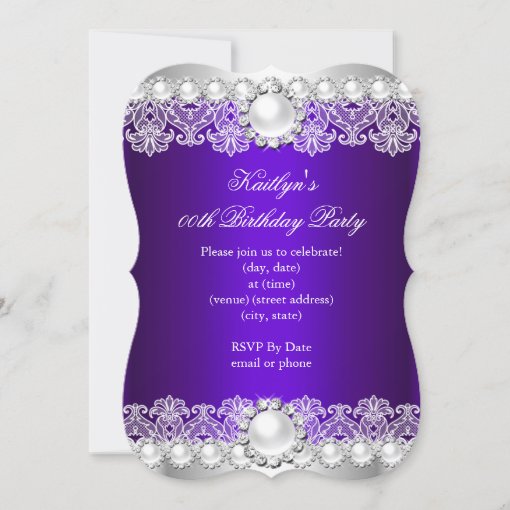Elegant Royal Purple Lace Pearl Birthday Party Invitation | Zazzle