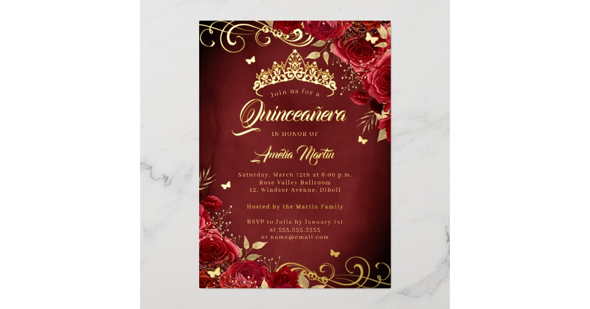 Elegant Royal Red Rose Gold Swirl Quinceanera Foil Invitation | Zazzle