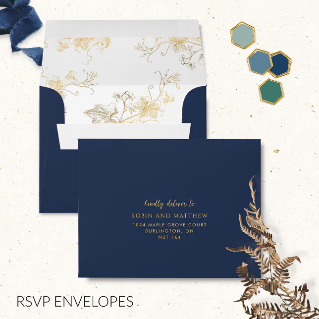Elegant RSVP Navy Blue with Gilded Floral Envelope | Zazzle