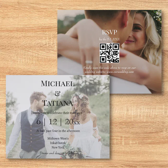elegant rsvp qr code 2 photos wedding invitation | Zazzle