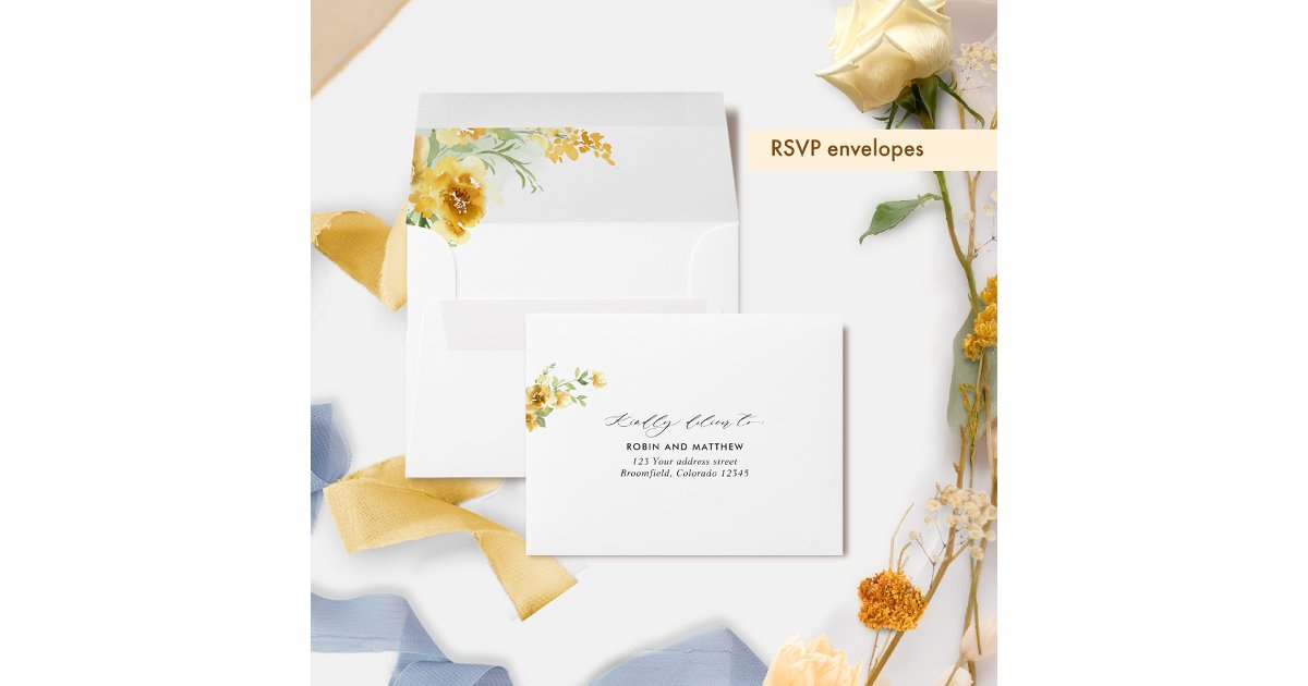 Elegant RSVP with Return Address Yellow Floral Envelope | Zazzle
