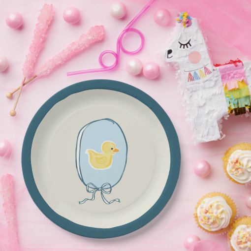 Elegant Rubber Ducky Teal Blue Ribbon Baby Shower Paper Plates | Zazzle