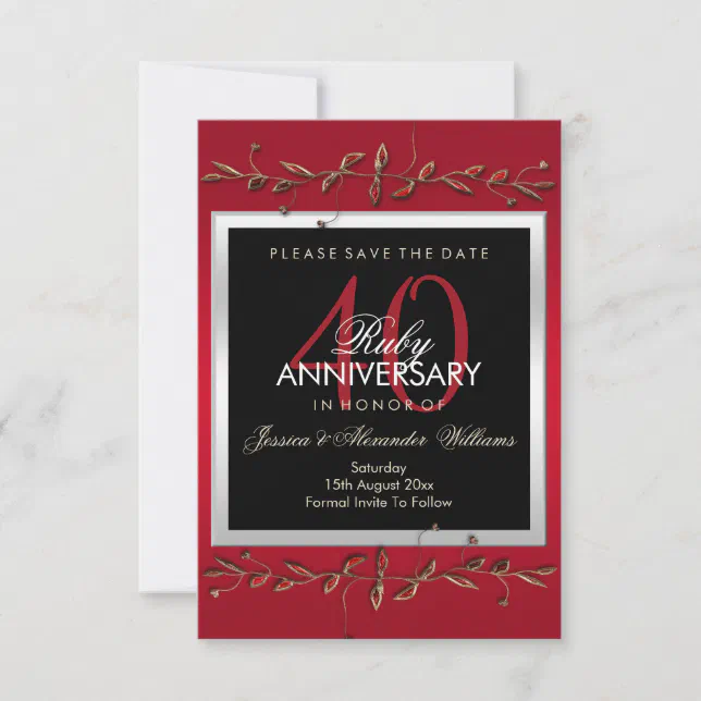 Elegant Ruby Gemstones 40th Wedding Anniversary Save The Date | Zazzle