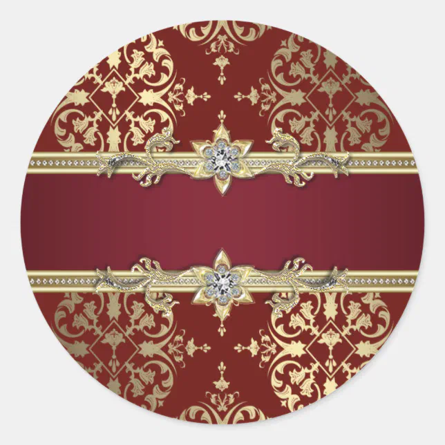 Elegant Ruby Red Gold Damask Stickers | Zazzle