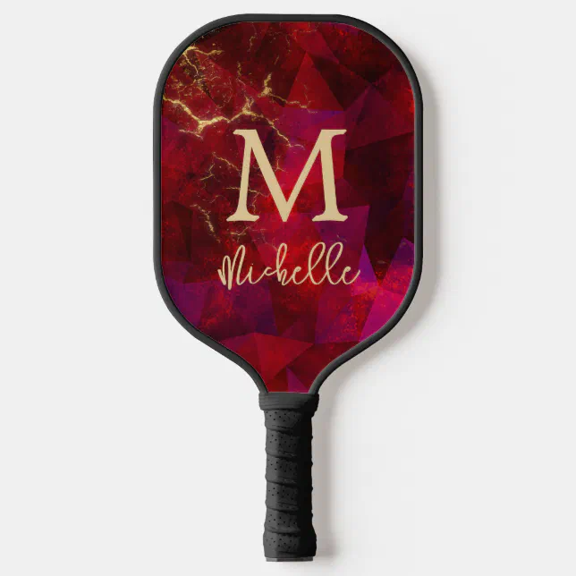 Elegant Ruby Red Gold Monogram Initial Name Pickleball Paddle | Zazzle