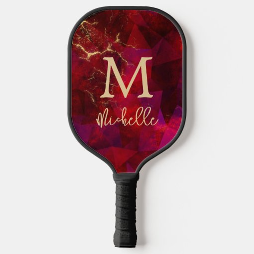 Elegant Ruby Red Gold Monogram Initial Name Pickleball Paddle | Zazzle