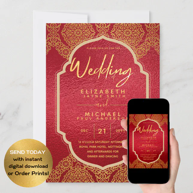 Elegant Ruby Red Gold Ornate Wedding Invitation | Zazzle