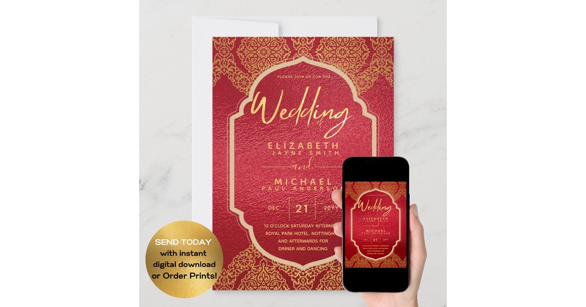 Elegant Ruby Red Gold Ornate Wedding Invitation | Zazzle