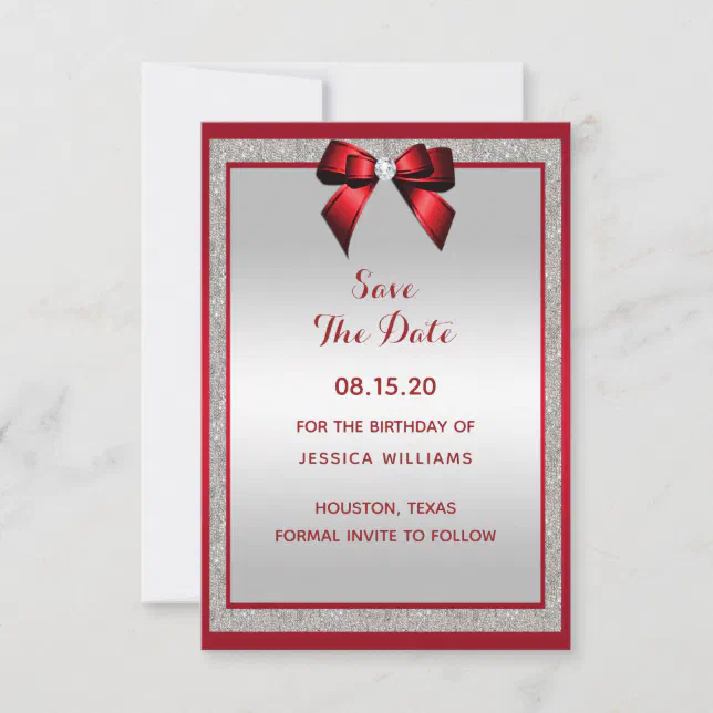 Elegant Ruby Red & Silver Glitter Birthday Save The Date | Zazzle