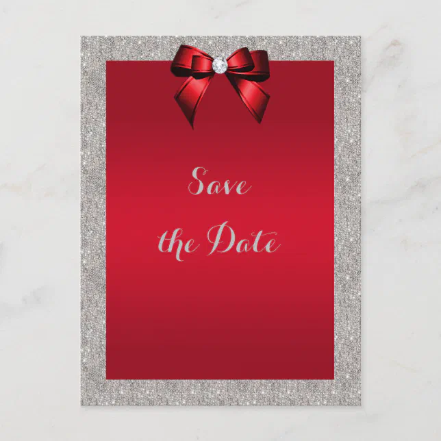 Elegant Ruby Red, Silver Glitter Save The Date Postcard | Zazzle