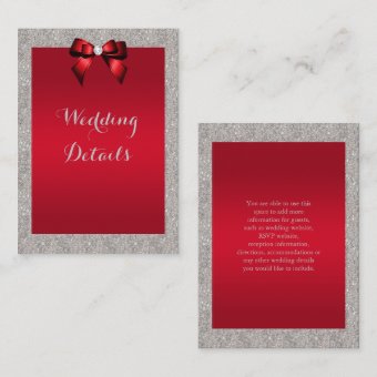 Elegant Ruby Red, Silver Glitter Wedding Details Enclosure Card | Zazzle