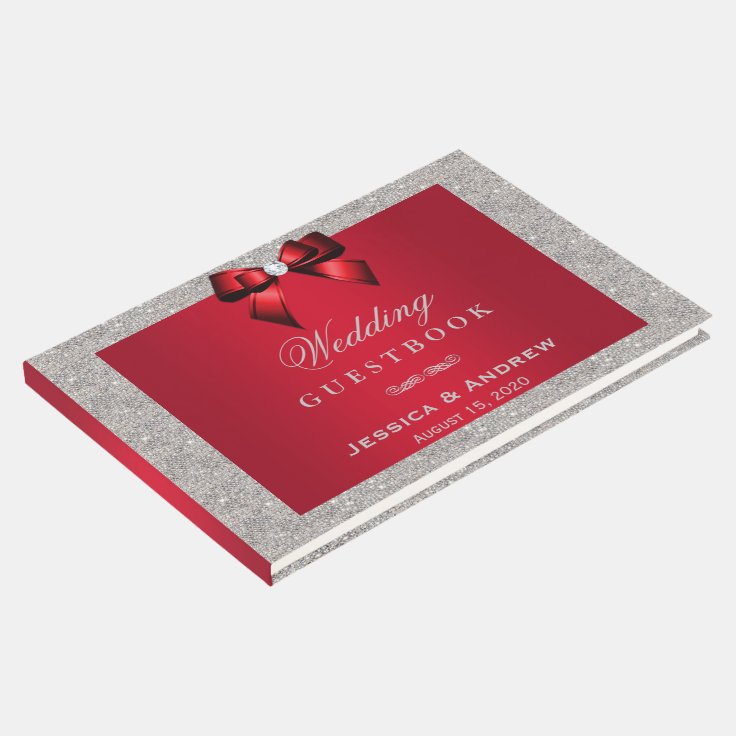 Elegant Ruby Red, Silver Glitter Wedding Guest Book | Zazzle