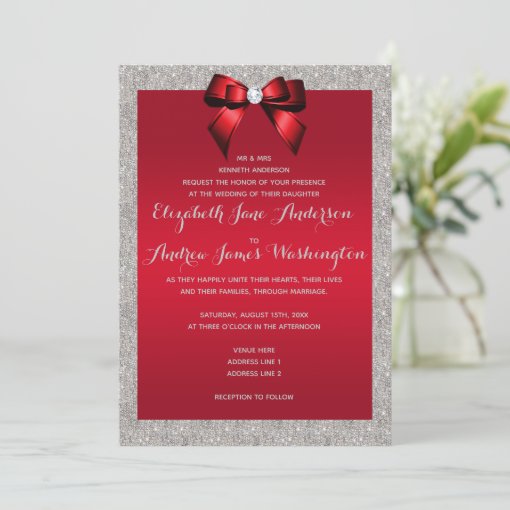 Elegant Ruby Red & Silver Glitter Wedding Invitation | Zazzle