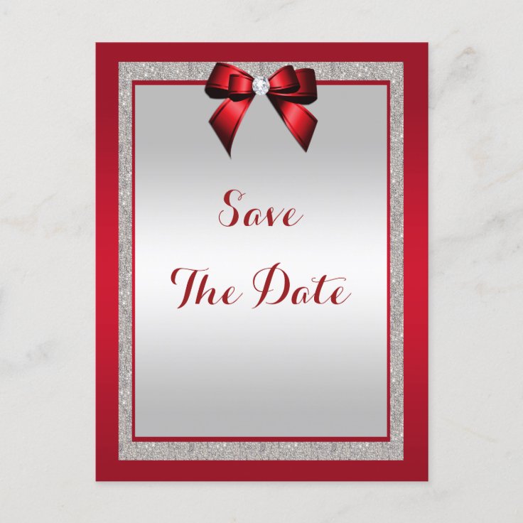 Elegant Ruby Red & Silver Glitter Wedding Invitation Postcard | Zazzle