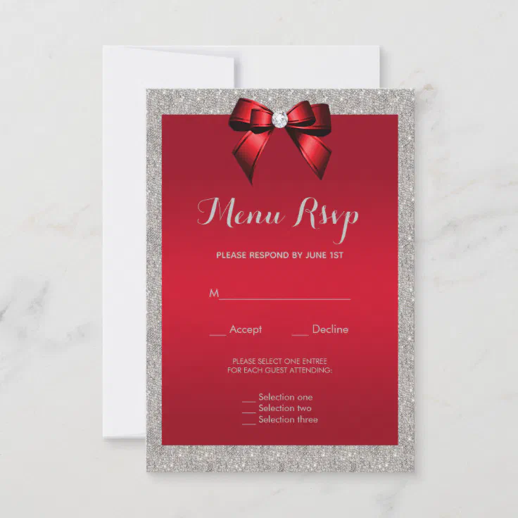 Elegant Ruby Red, Silver Glitter Wedding Menu RSVP | Zazzle
