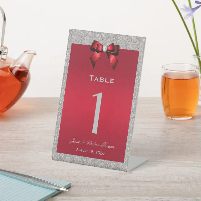 Elegant Ruby Red, Silver Glitter Wedding Pedestal Sign | Zazzle