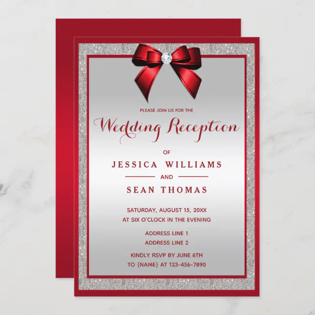 Elegant Ruby Red Silver Glitter Wedding Reception Invitation | Zazzle