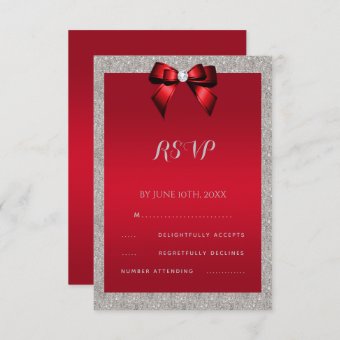 Elegant Ruby Red, Silver Glitter Wedding RSVP Card | Zazzle