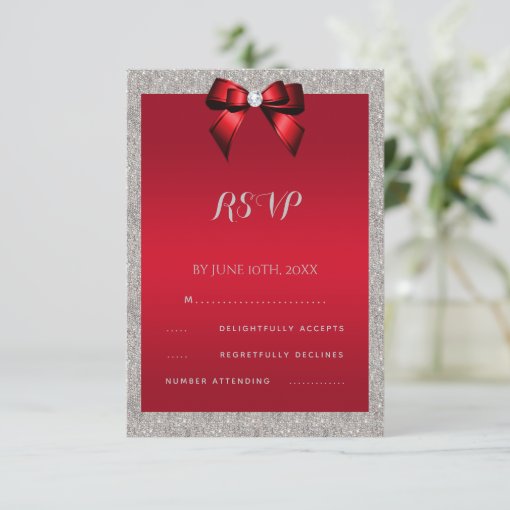 Elegant Ruby Red, Silver Glitter Wedding RSVP Card | Zazzle