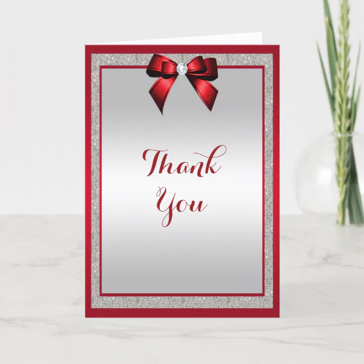 Elegant Ruby Red & Silver Glitter Wedding Thank You Card | Zazzle
