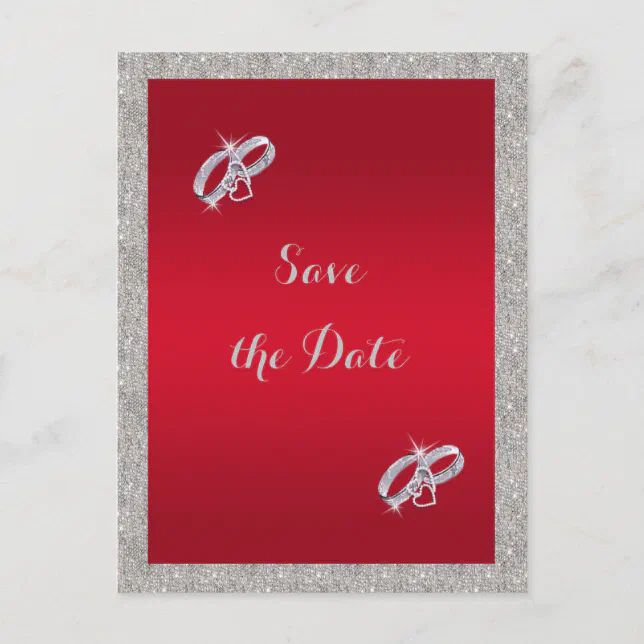Elegant Ruby Red & Sparkly Silver Rings Wedding Announcement Postcard ...