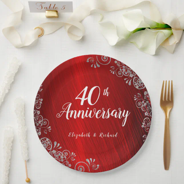 Elegant Ruby Red Swirl 40th Anniversary Paper Plates | Zazzle