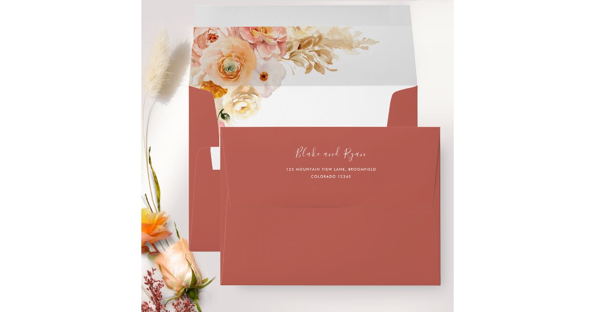 Elegant Rust Envelope with Peach Floral Inside | Zazzle