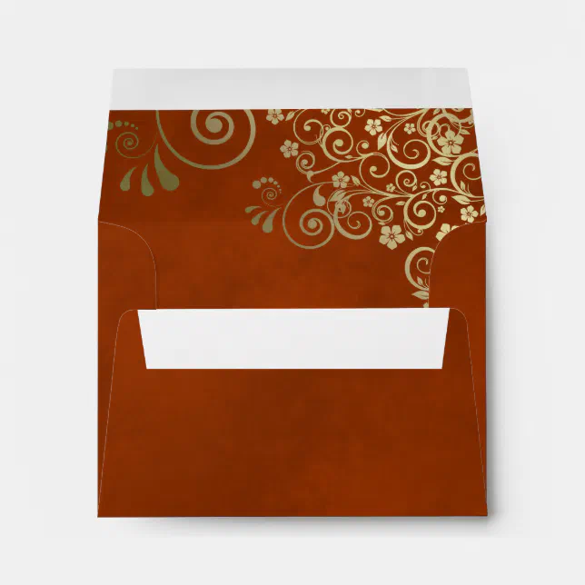 Elegant Rust Orange and Gold Lace Wedding RSVP Envelope | Zazzle