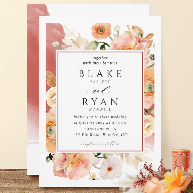 Elegant ,Rust Orange Blush Peach Botanical Wedding Invitation | Zazzle