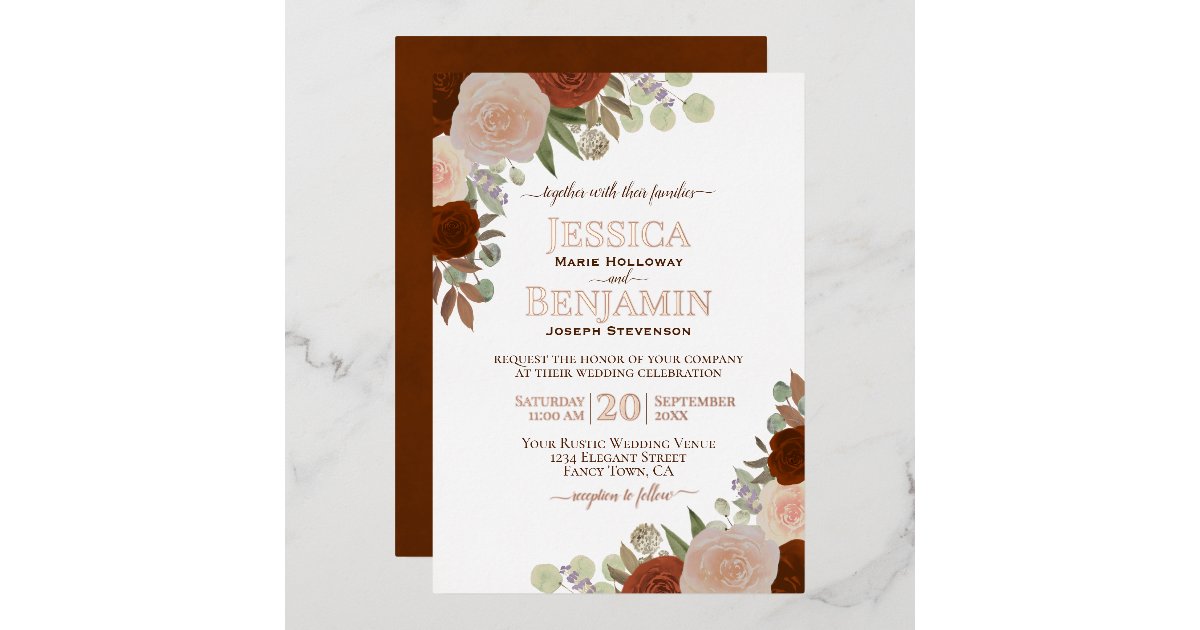 Elegant Rust Orange Floral with Rose Gold Wedding Foil Invitation | Zazzle