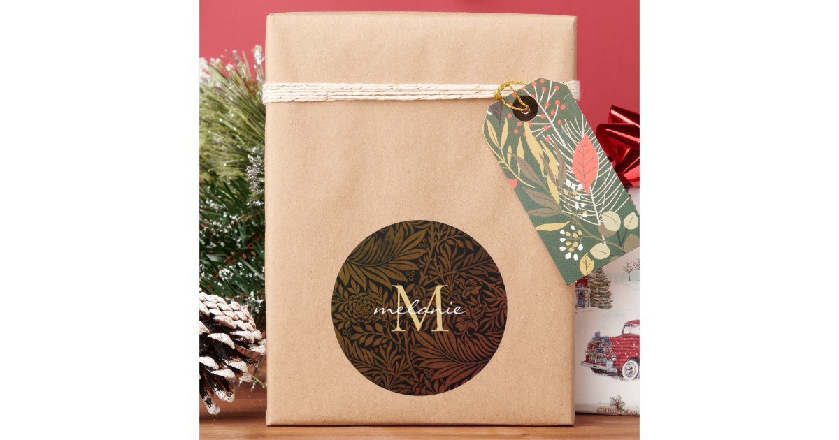 Elegant Rust Orange Gold Floral Script Monogram Classic Round Sticker ...
