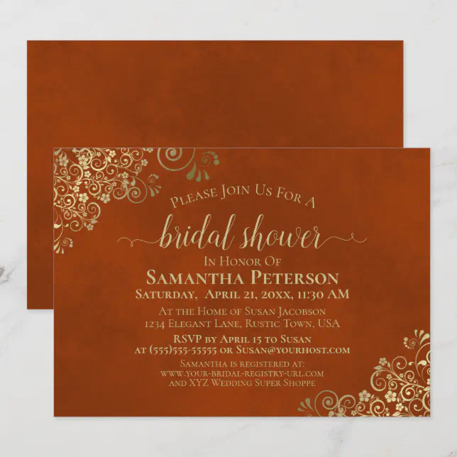 Elegant Rust Orange & Gold Lace Bridal Shower Invitation | Zazzle